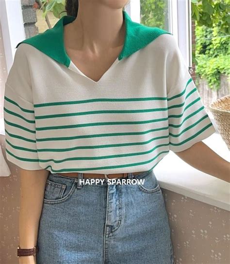 스트라이프 V넥 카라 세일러카라 에리 초록색 줄무늬 연분홍색 진곤색 프렌치룩