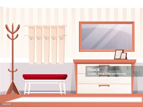 홈 인테리어 디자인 배경의 복도 서랍 옷걸이 프레임 거울 사진 벤치 카펫 벡터 일러스트레이션이있는 찬장이있는 집 로비 룸 수평 보기 칸 가구에 대한 스톡 벡터 아트 및 기타