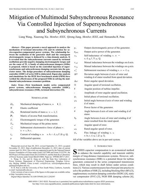 Pdf Mitigation Of Multimodal Subsynchronous Resonance Via Controlled Injection Of