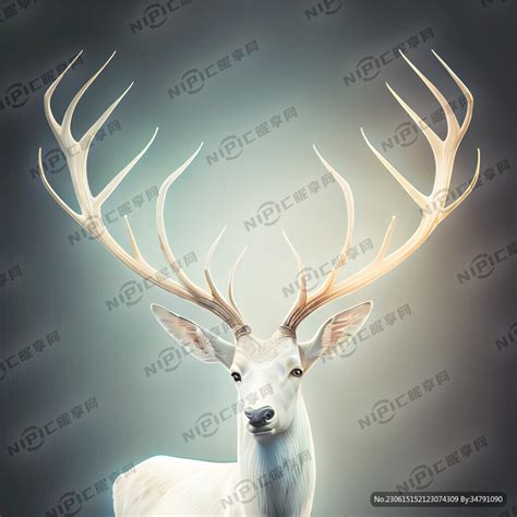 Ai创作图纯白大角鹿 全身回头 广角 魔法发光 无底图 昵图网
