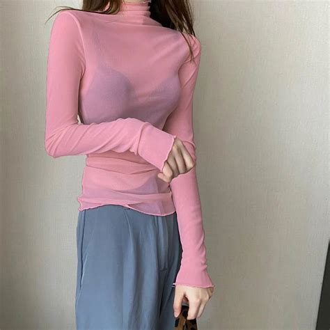 New Elastic Sheer Mesh T Shirt Blouses High Neck Long Sleeve See