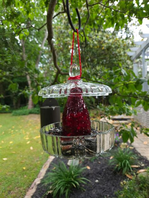 Hanging Vintage Red Glass Bird Feeder Sparkles In The Sun For Etsy