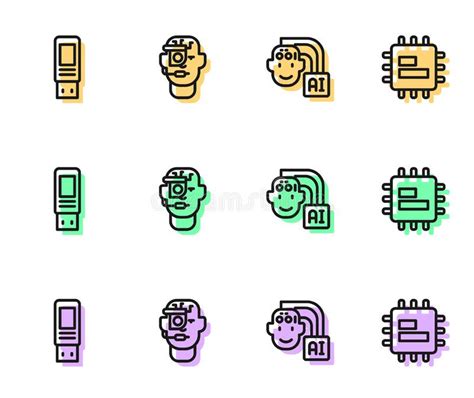 Set Line Humanoid Robot Usb Flash Drive Smart Glasses On Spectacles And Processor Cpu Icon