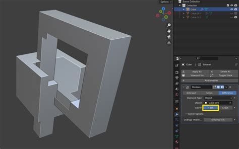 boolean difference modifier exact solver self intersection not