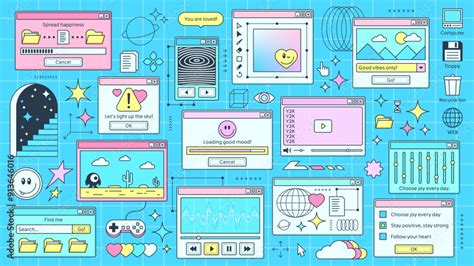 Y2K Retro Browser Windows And Internet Pages In Computer PC Screen Cartoon Vector Background