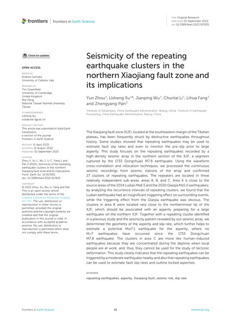 Pdf Seismicity Of The Repeating Earthquake Clusters In The Northern Xiaojiang Fault Zone And