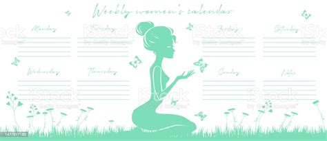 플랫 스타일의 여성을 위한 주간 할 일 목록 나비가 있는 초원에서 나비를 가진 아름다운 어린 소녀의 프로필 실루엣 나비에 대한