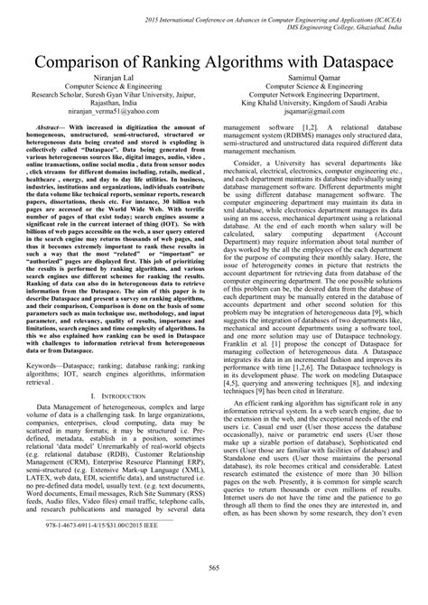 Pdf Comparison Of Ranking Algorithms With Dataspace