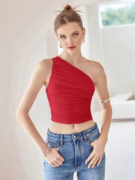 Shein Mod One Shoulder Ruched Side Crop Top Shein Usa