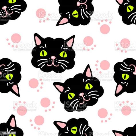 고양이 얼굴과 발이 있는 매끄러운 패턴 스크랩북 포스터 섬유 및 인쇄에 적합합니다 장식과 디자인을 위한 손으로 그린 일러스트레이션 가르랑거림에 대한 스톡 벡터 아트 및 기타