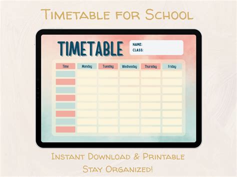 Digital Timetable Printable School Schedule Instant Download