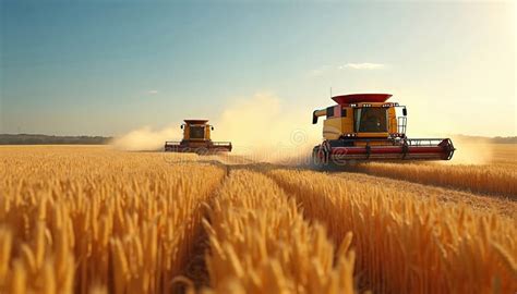 Golden Wheat Fields Harvested By Two Yellow Combine Harvesters On Sunny