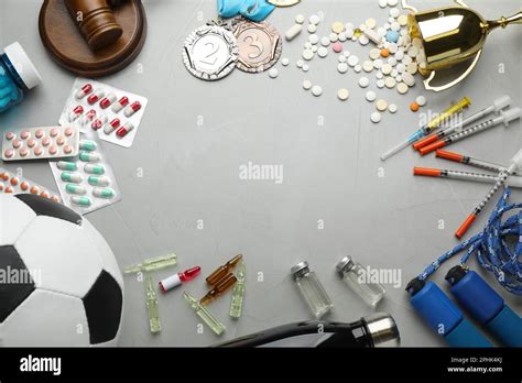 Frame Of Drugs On Light Grey Background Flat Lay With Space For Text Doping Control Stock