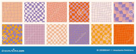 Groovy Retro Checkerboard Seamless Patterns Set Psychedelic Abstract Grid Background In 1970s