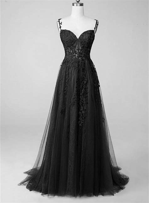 Black Sweetheart Tulle Straps Party Dress Black A Line Prom Dress Dreamydressprom