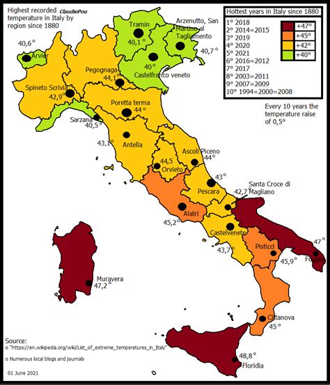 Italy Highest Temperature Ever Recorded By Region Hottest Years Since 1880 R Mapporn