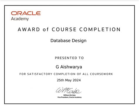 Databasedesign Oracleacademy Sql Learning Achievement Aishwarya