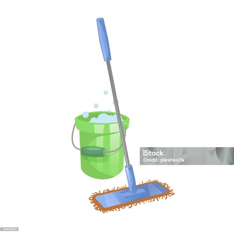 만화 집과 아파트 청소 서비스 아이콘입니다 현대 플라스틱 블루 드라이 걸 레 손잡이와 세척액 녹색 양동이 단순한 색상과 그라데이션 벡터 일러스트 레이 션입니다 0명에 대한