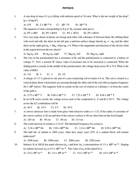 Physics Sample Paper Pdf Quantity Physics