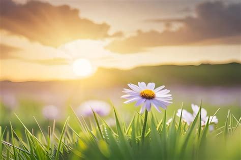 Premium Photo A Field Of Wildflowers With The Sun Setting Behind Them