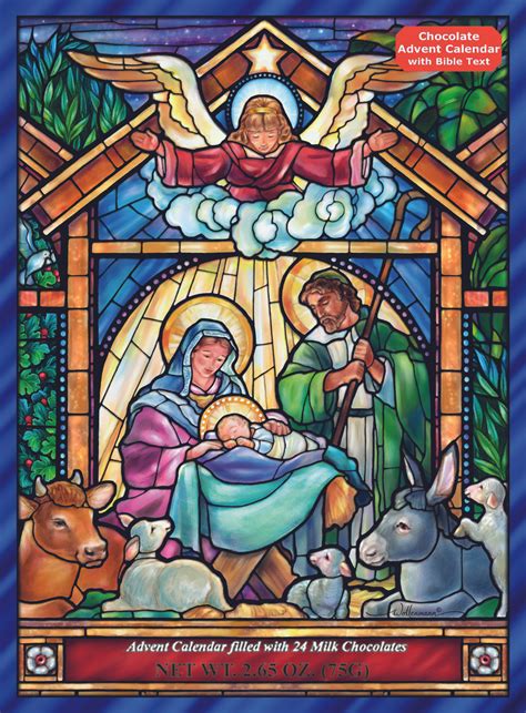 Chocolate Advent Calendar Stained Glass Nativity Bible Text Fc