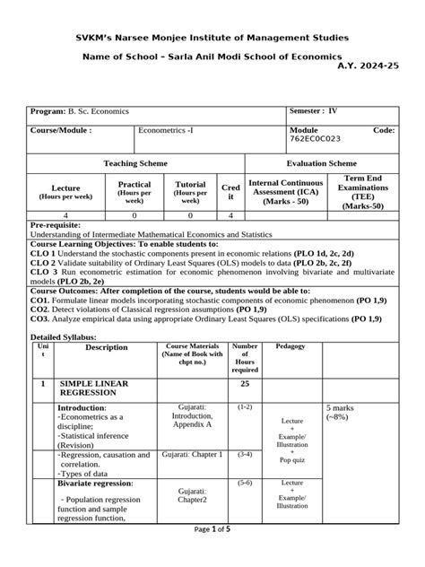 Course Outline 2024 25 Sy Econometrics I 762ec0c024 Ay24 25 Pdf Regression Analysis