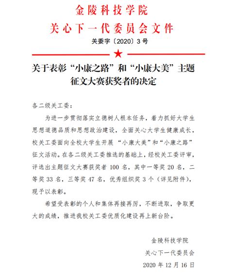 动漫学院关工委积极组织学生参加小康之路和小康大美主题征文大赛并获奖 金陵科技学院动漫学院