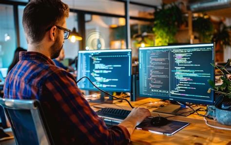 premium photo man sits at desk with two computer screens coding on one and looking at the