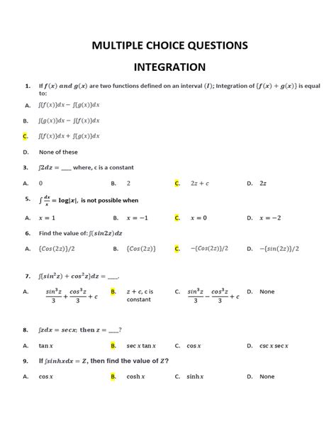 Multiple Choice Questions Integration Pdf Integral Square Root