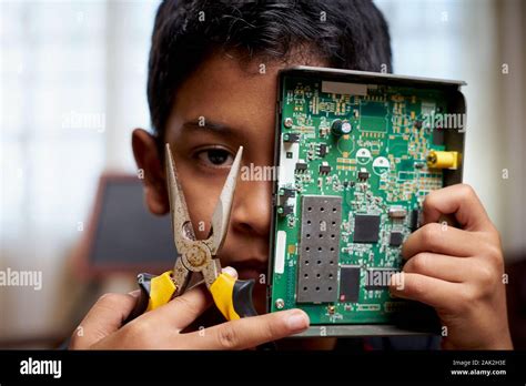 Cute Schoolboy Half Closed Electronic Circuit Computer Part Stock Photo Alamy