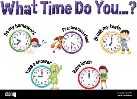 Daily Routine With Time And Cartoon Characters Illustration Stock