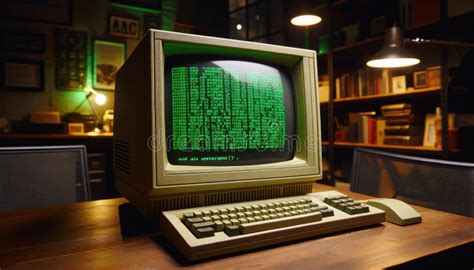 vintage computer display with green matrix code stock illustration