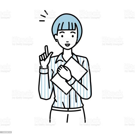 셔츠 작업 스타일의 여성은 포인팅 손 제스처와 함께 서 아이디어를 받고 가리키기에 대한 스톡 벡터 아트 및 기타 이미지