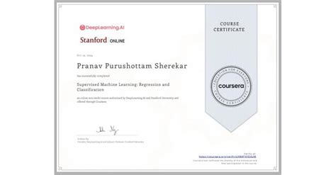 pranav sherekar on linkedin completion certificate for supervised machine learning regression and…