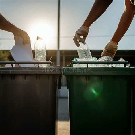Two Individuals Are Seen Sorting Recyclables Into Green Waste Bins One