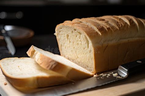 Close Up Of A Loaf Of Bread Being Sliced Into Even Perfectly Parallel