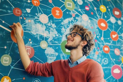 Man Connects The Dots On Data Visualization For New Communication Networks Stock Illustration