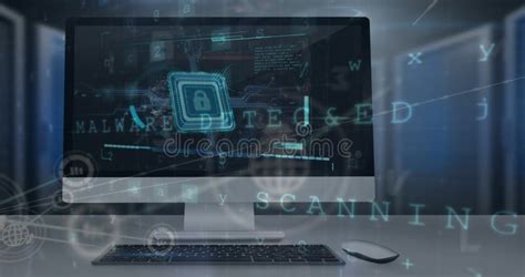 animation of padlock and data processing over computer screen in office
