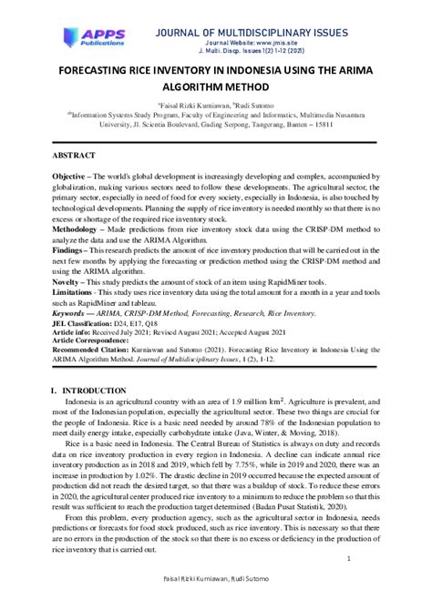 Pdf Forecasting Rice Inventory In Indonesia Using The Arima Algorithm Method