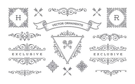 빈티지 디자인 요소 세트입니다 로고 상징 문장 인사말 초대장 페이지 디자인 아이덴티티 디자인 상점 상점 대중음식점 가게 신분 및 등등을 위한 번창하고 장식적인 구조 국경
