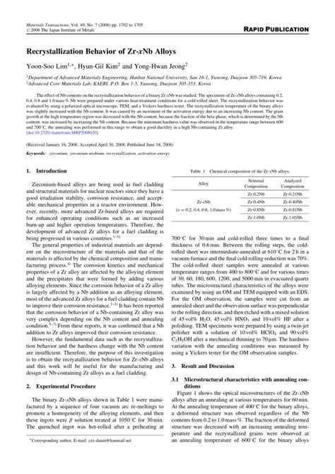Pdf Recrystallization Behavior Of Zr Xnb Alloys