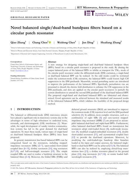 Pdf Novel Balanced Singledual‐band Bandpass Filters Based On A Circular Patch Resonator