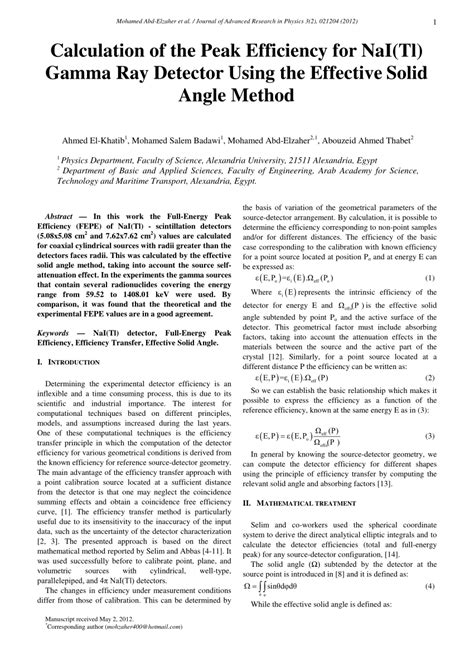 Pdf Calculation Of The Peak Efficiency For Nai Tl Gamma Ray Detector Using The Effective
