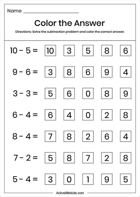 Color The Answer Subtraction Worksheet Kindergarten Math Worksheets Free Kindergarten