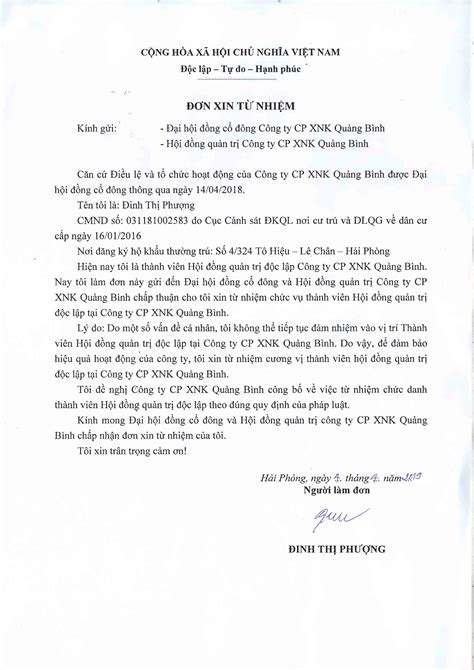 ĐƠN XIN TỪ NHIỆM của Bà Đinh Thị Phượng thành viên HĐQT