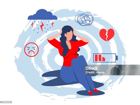우울한 여성 정신 문제 개념 배터리 부족 정서적 소진 좌절 우울증 및 외로움으로 정신 건강 장애를 앓고 있는 소녀 만화 평면