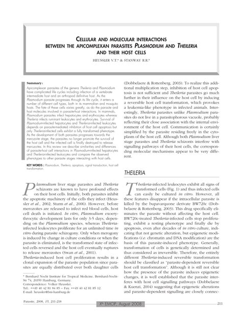 Pdf Cellular And Molecular Interactions Between The Apicomplexan Parasites Plasmodium And
