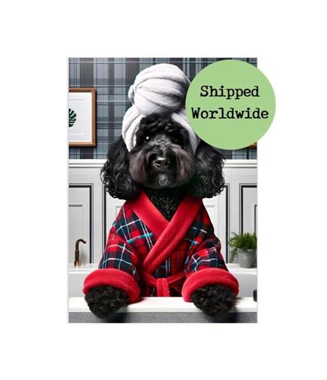 Black Cockapoo Wearing Red Tartan Dressing Gown Print Cockerpoo In