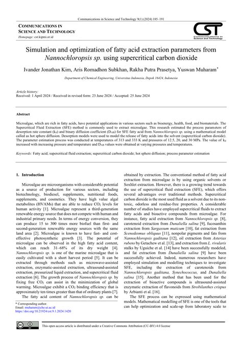 Pdf Simulation And Optimization Of Fatty Acid Extraction Parameters From Nannochloropsis Sp