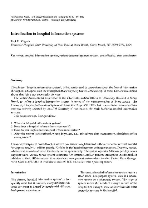 Pdf Introduction To Hospital Information Systems